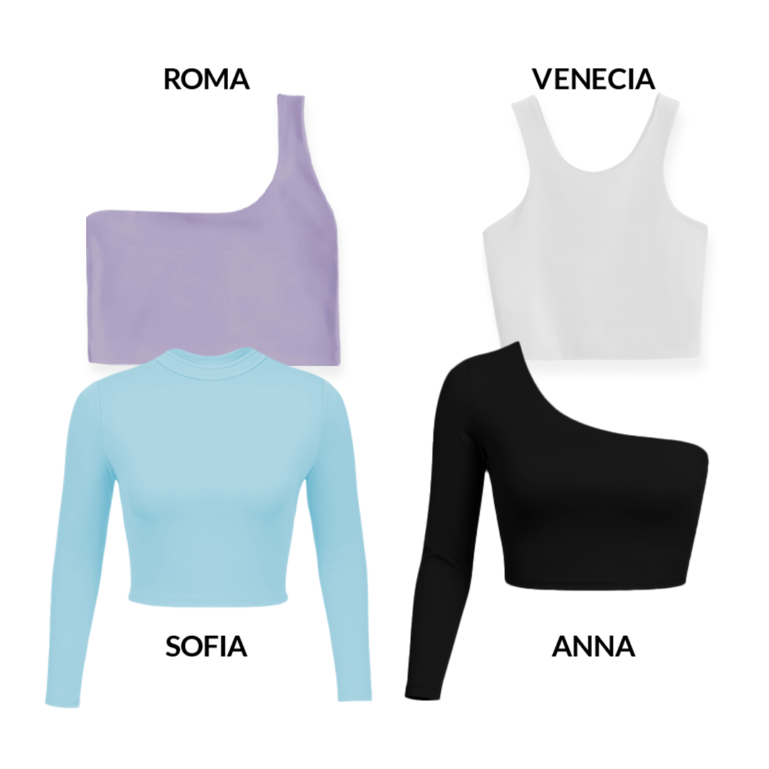CROPTOPS VARIADOS PACK X4 - ROMA (LILA) VENECIA (BLANCO) ANNA (AZUL CI ...